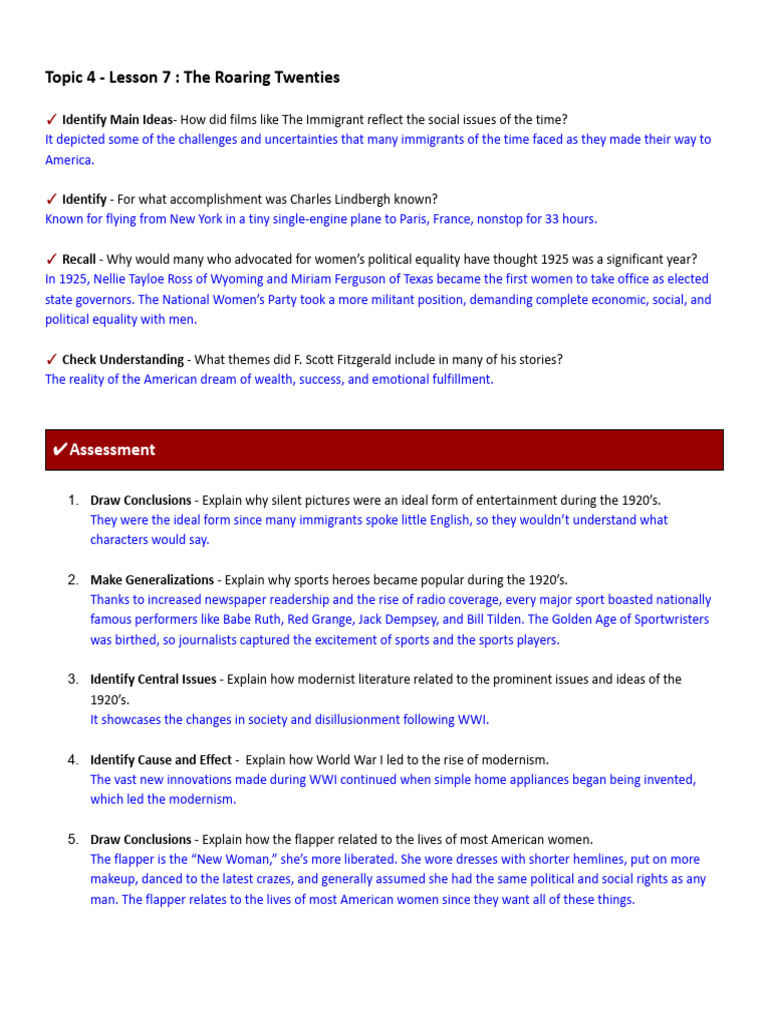 Topic 4 - Lesson 7 - The Roaring Twenties - Reading Questions (Template ...