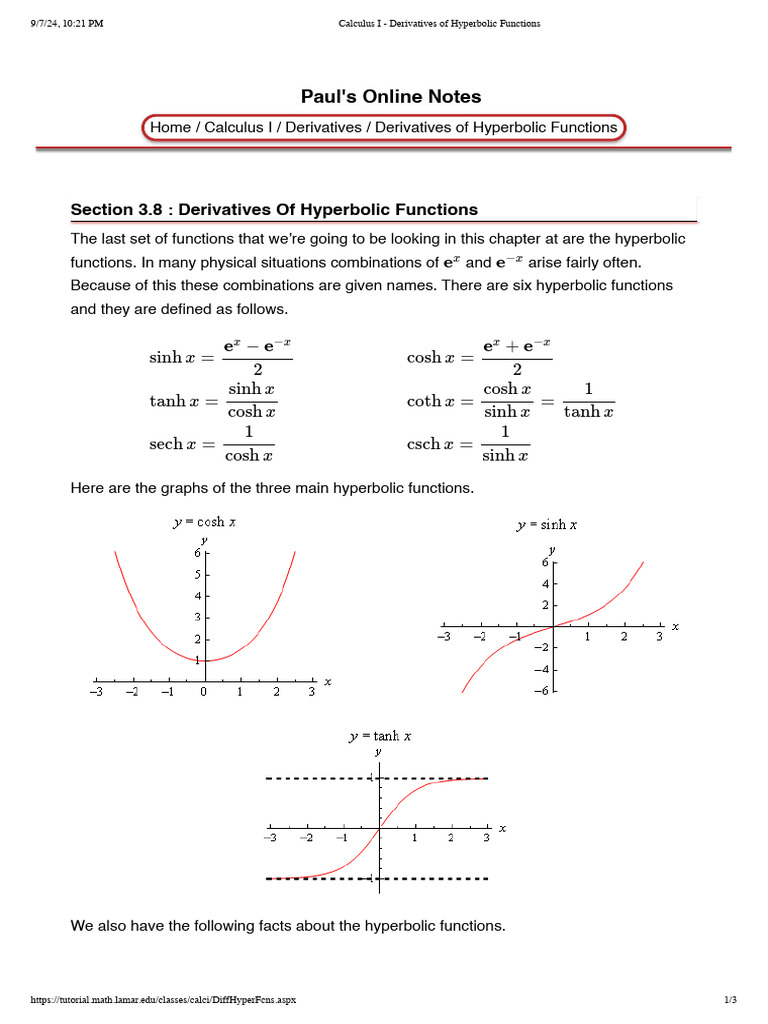 Calculus I - Derivatives of Hyperbolic Functions | PDF | Mathematical Objects | Special Functions