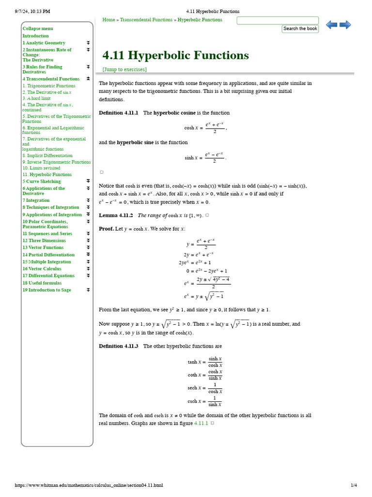 4.11 Hyperbolic Functions | PDF | Function (Mathematics) | Trigonometric Functions