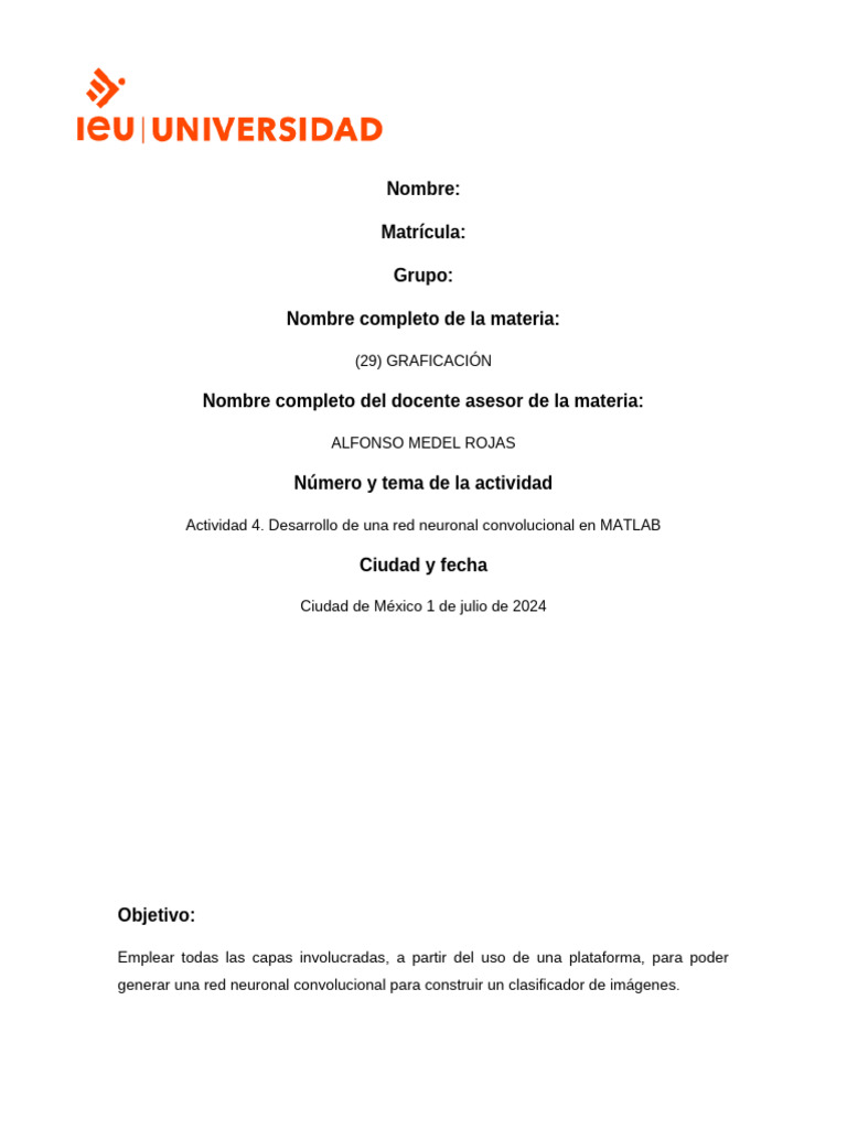 Actividad 4. Desarrollo de Una Red Neuronal Convolucional en MATLAB | PDF | Unidad de ...