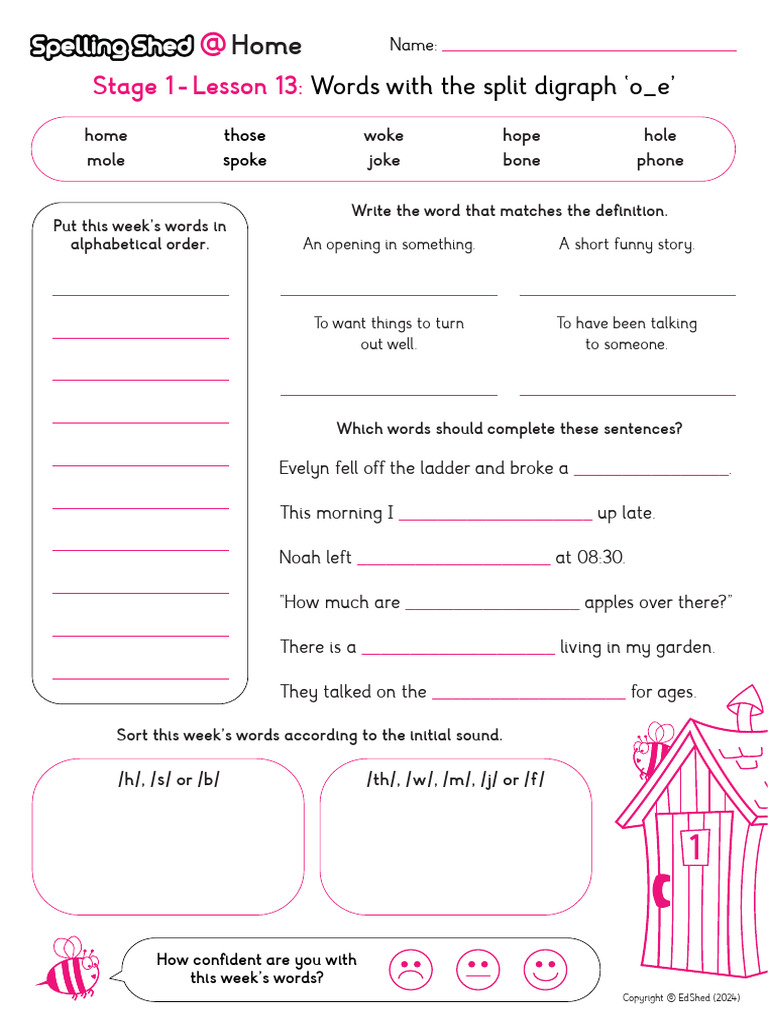 Stage 1 Lesson 13 Words With The Split Digraph o - e - Homework Sheet | PDF