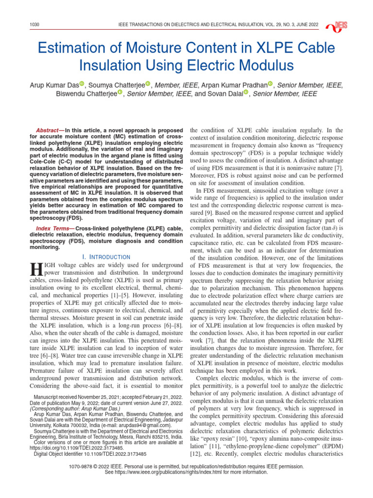 Estimation of Moisture Content in XLPE Cable Insulation Using Electric Modulus | PDF ...