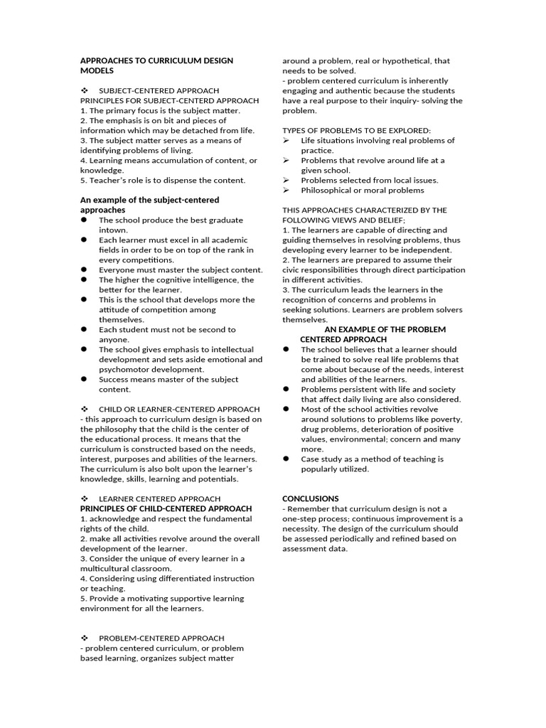 APPROACHES TO CURRICULUM DESIGN MODELS | PDF | Learning | Curriculum