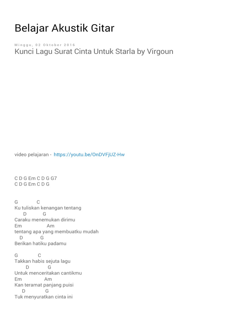 Belajar Akustik Gitar: Kunci Lagu Surat Cinta Untuk Starla by Virgoun | PDF
