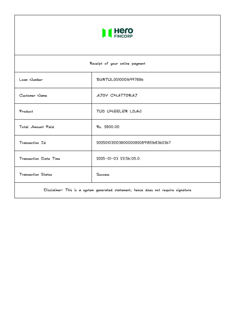 Two Wheeler Loan Payment Receipt | PDF