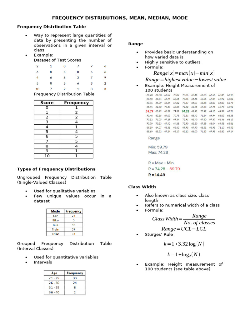 Frequency Distributions, Mean, Median, Mode | PDF | Mean | Mode (Statistics)