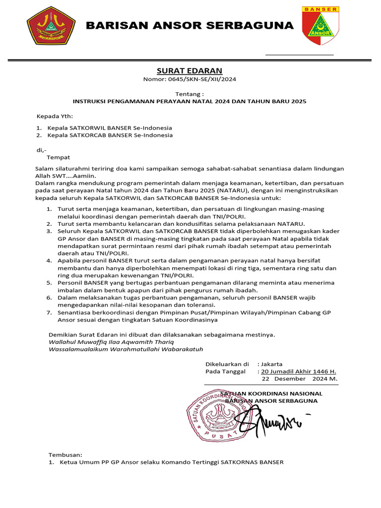 Surat Edaran Instruksi Nataru 2024-2025 | PDF