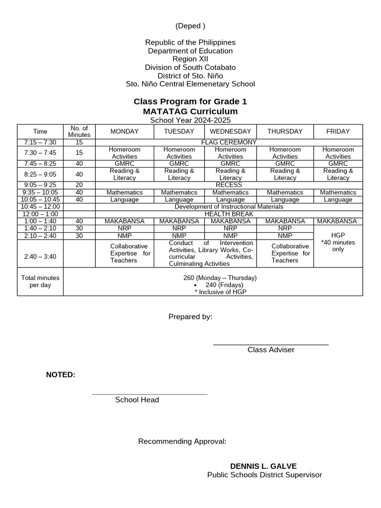 Grade 1 Class Program: MATATAG Curriculum | PDF | Learning