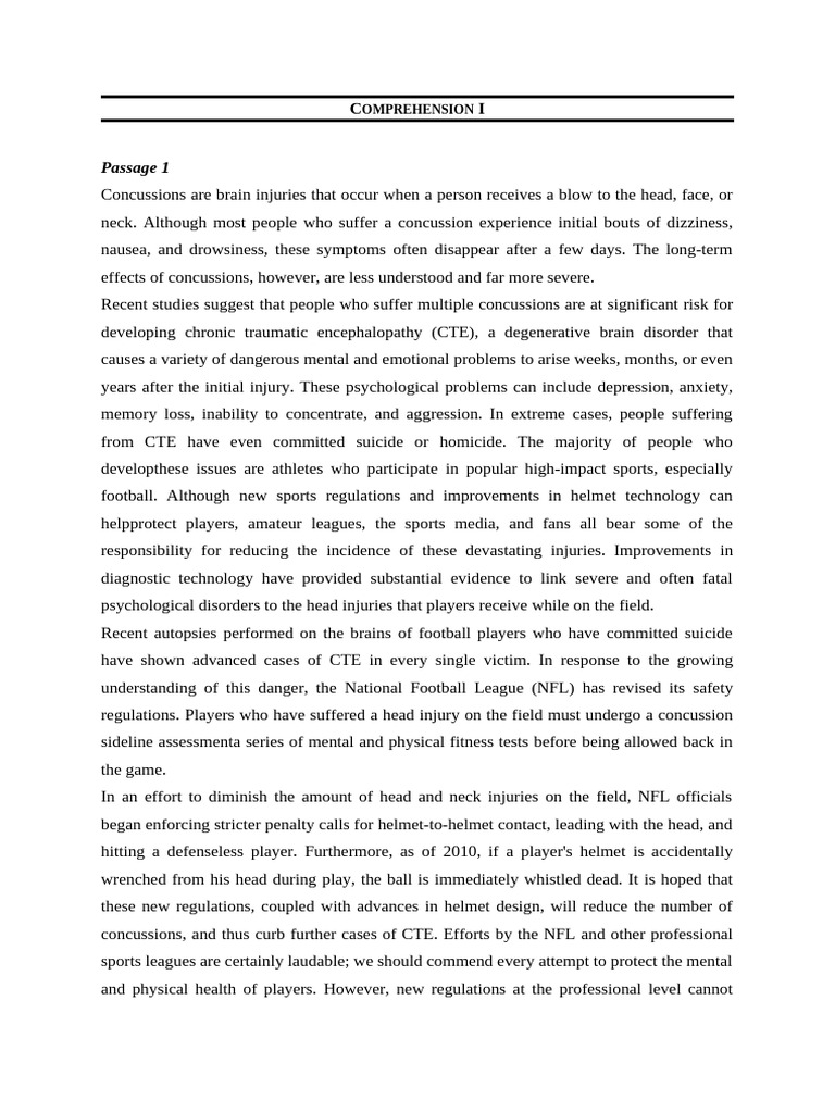 Comprehension I | PDF | Concussion | Chronic Traumatic Encephalopathy