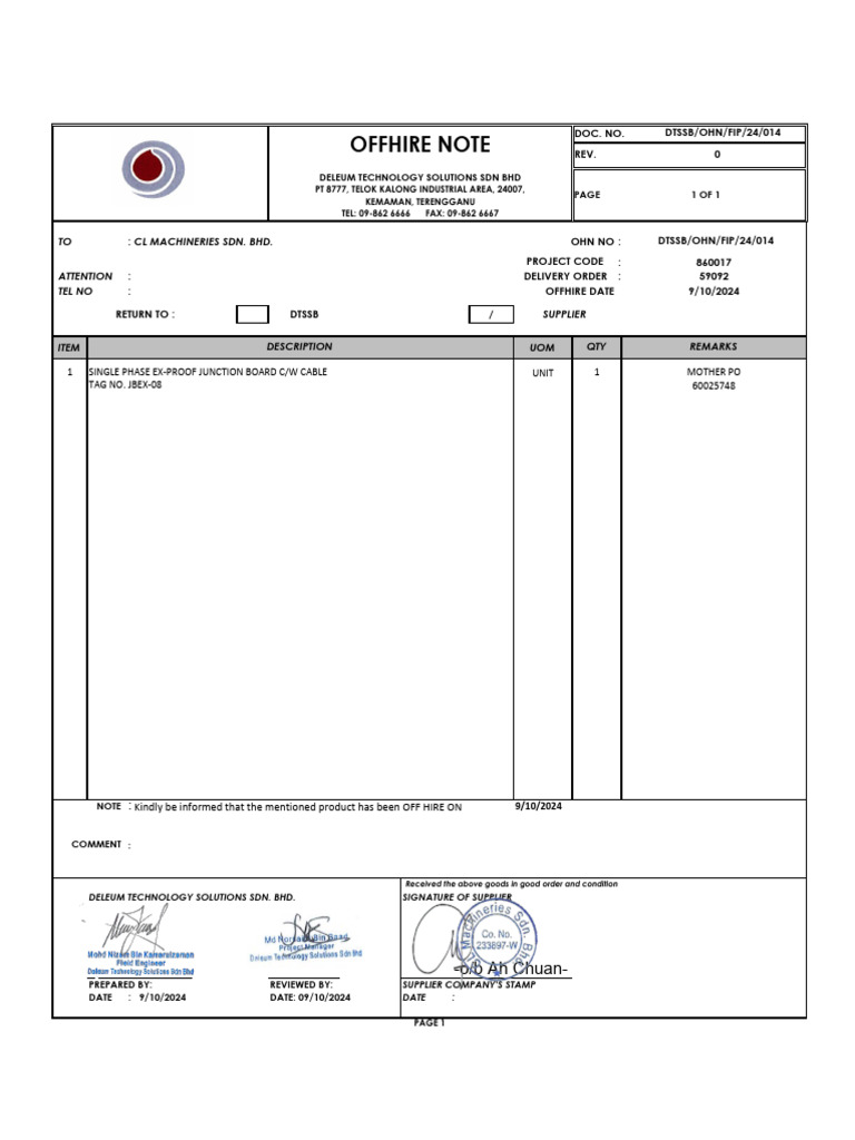 Off Hire Note for Junction Board | PDF