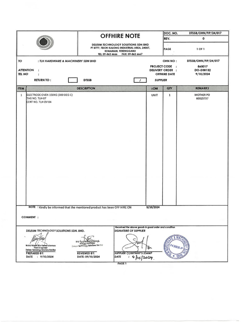 Offhire Note Deleum - Oven - TLH - 017 | PDF