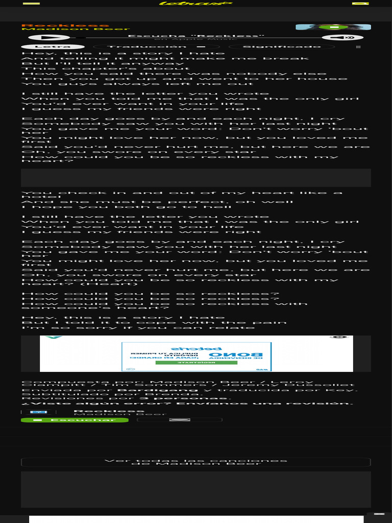 RECKLESS (EN ESPAÑOL) - Madison Beer - LETRAS.COM | PDF