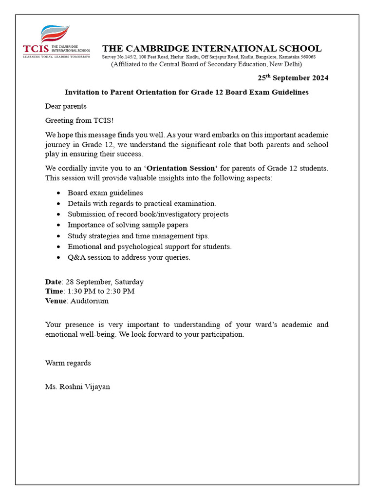 The Cambridge International School: 25 September 2024 Invitation To ...