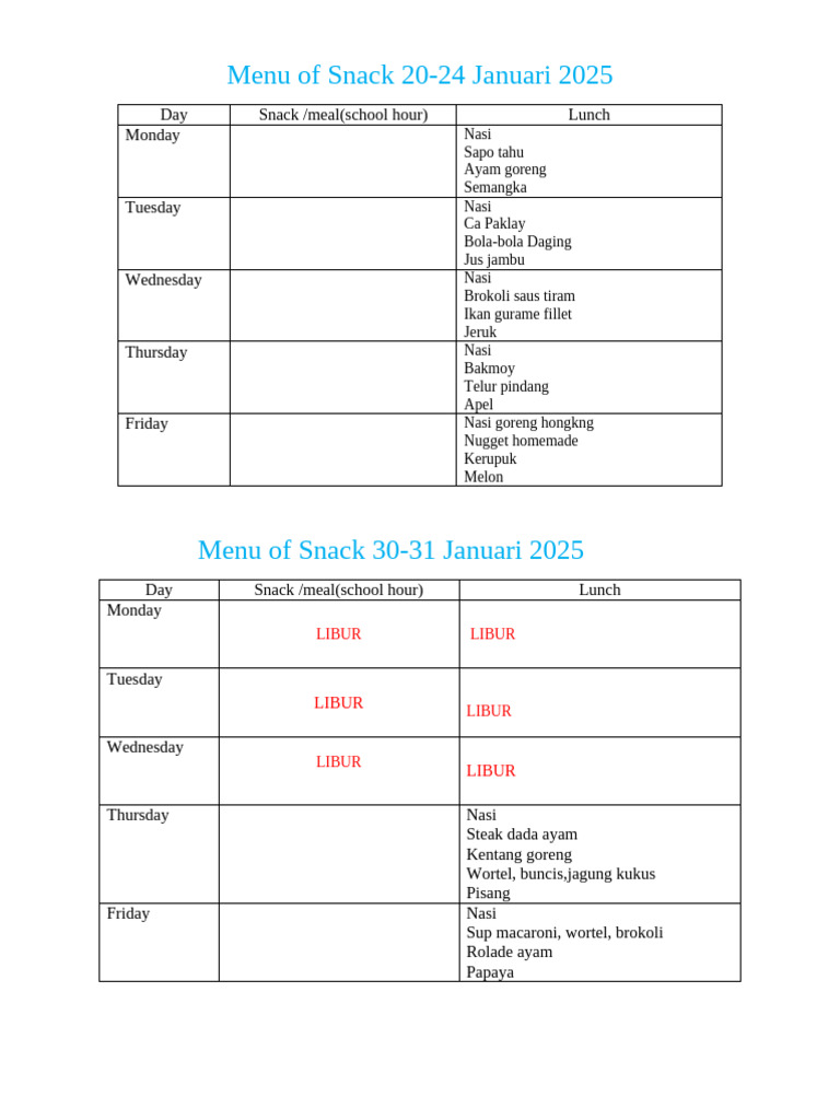 Weekly School Snack Menu January 2025 | PDF