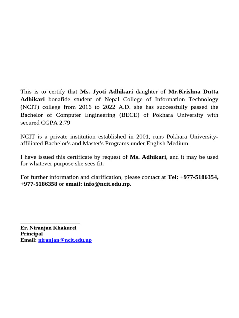 NCIT BECE Certificate: Jyoti Adhikari | PDF