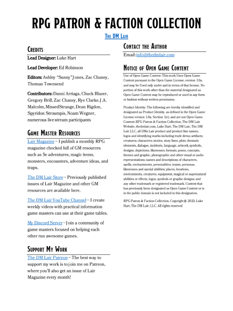 RPG Patron & Faction Collection | PDF | Inn