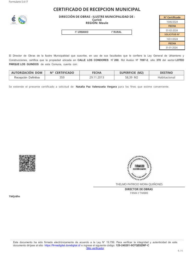 Certificado de Recepción Municipal Curicó | PDF