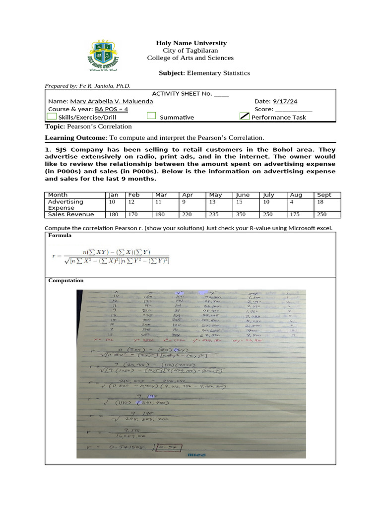PT On Pearson's Correlation For Stat 1 | PDF | Statistical Analysis ...