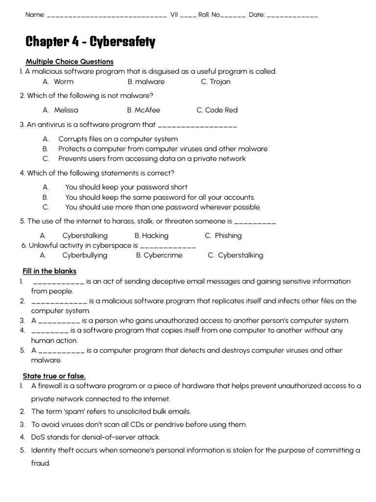 Chapter 2 - Cybersafety Worksheet 1 | PDF | Malware | Computer Virus