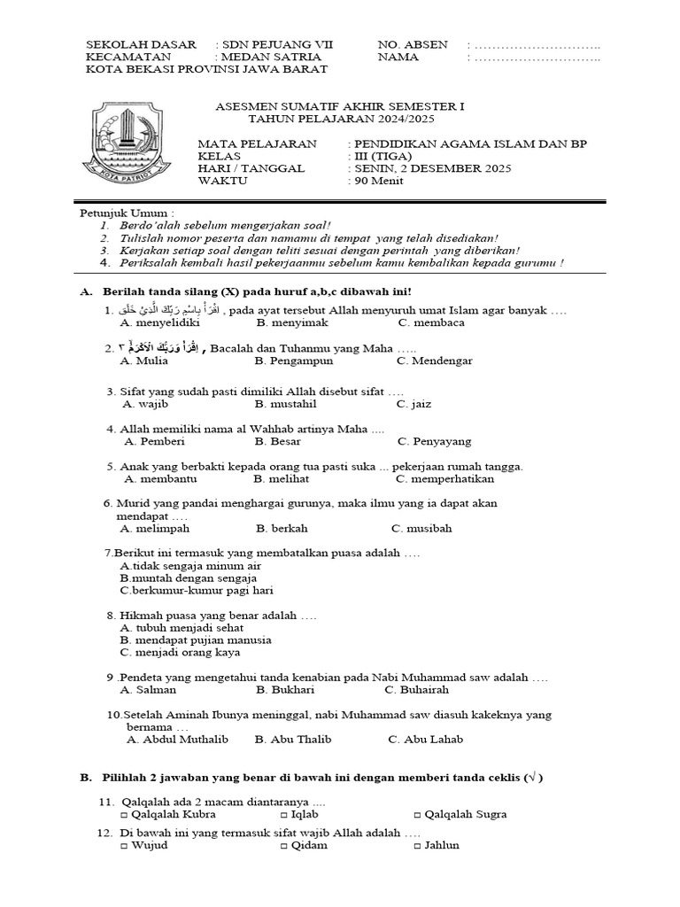 SOAL ASAS KLS 3 PAI TP.2024-2025 | PDF