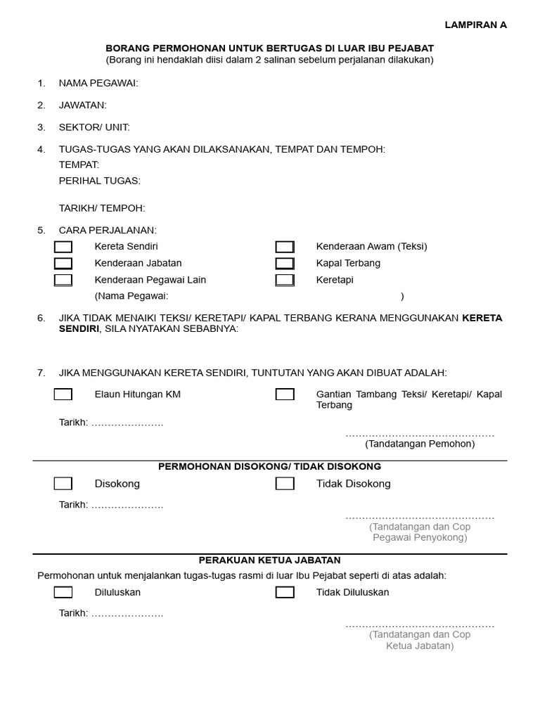 Lampiran A Borang Permohonan Untuk Bertugas Diluar Ibu Pejabat 2024 | PDF