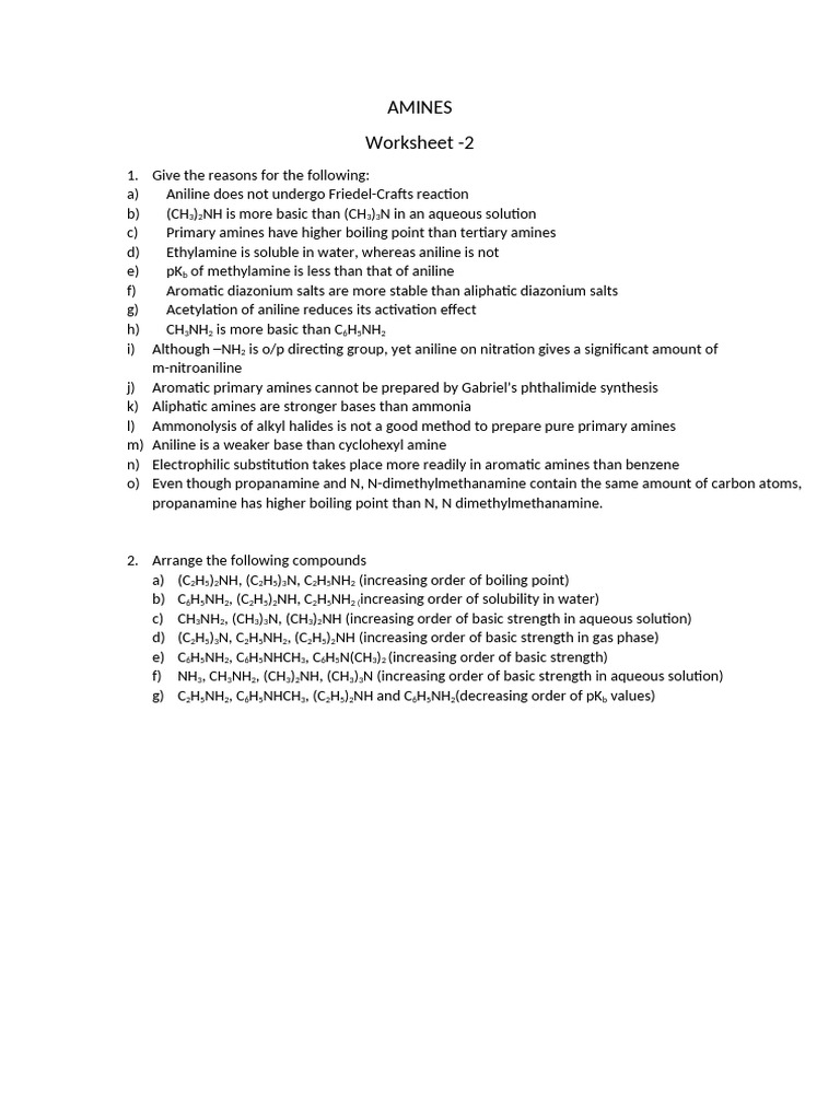 Amines Worksheet: Reactions & Properties | PDF