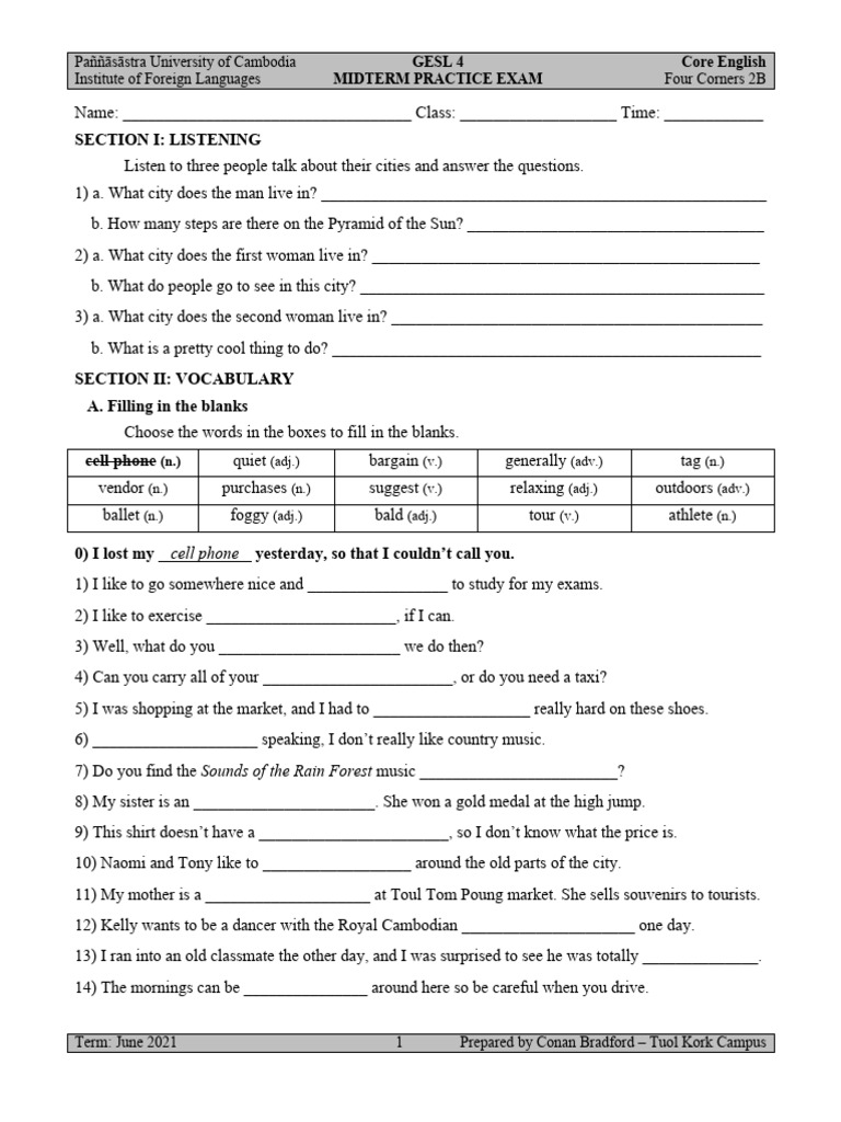 Midterm Practice Exam: Core English | PDF | Cambodia | Phnom Penh
