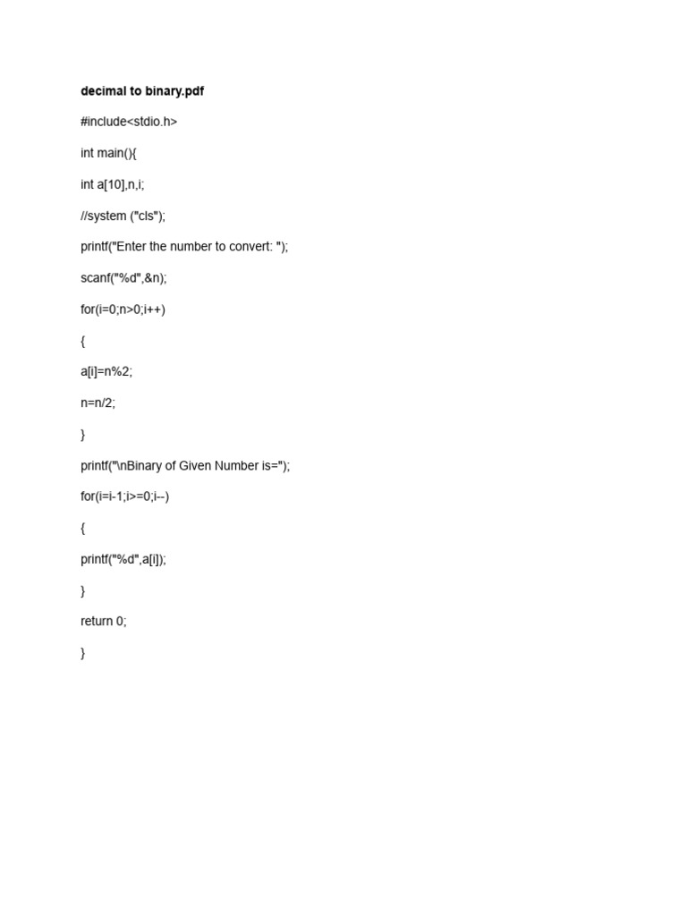 Decimal to Binary Conversion in C | PDF