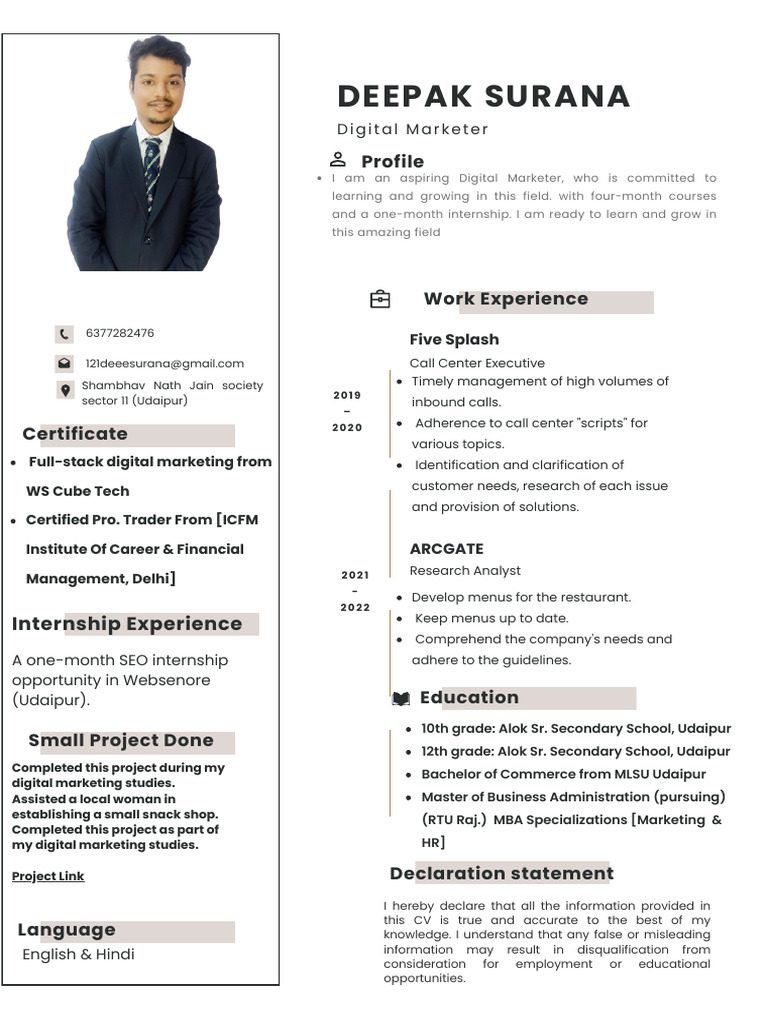 Digital Marketing Profile of Deepak Surana | PDF | Educational Stages | Business