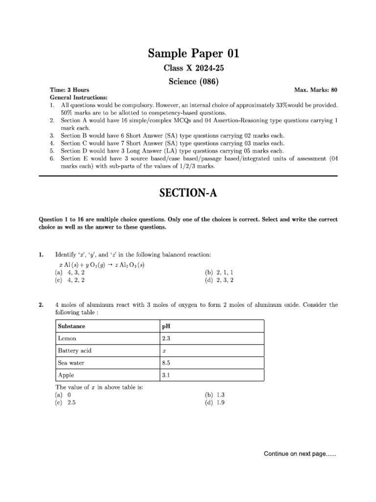 Sample Paper For Science - X | PDF