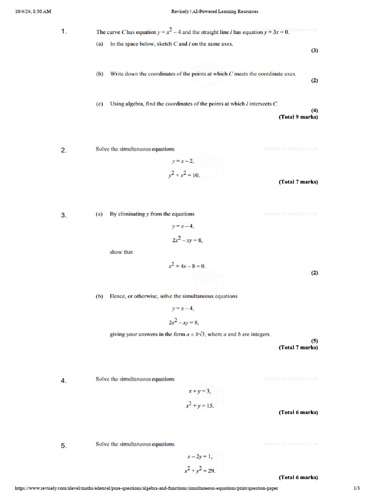 Simultaneous Equations Practice Paper | PDF