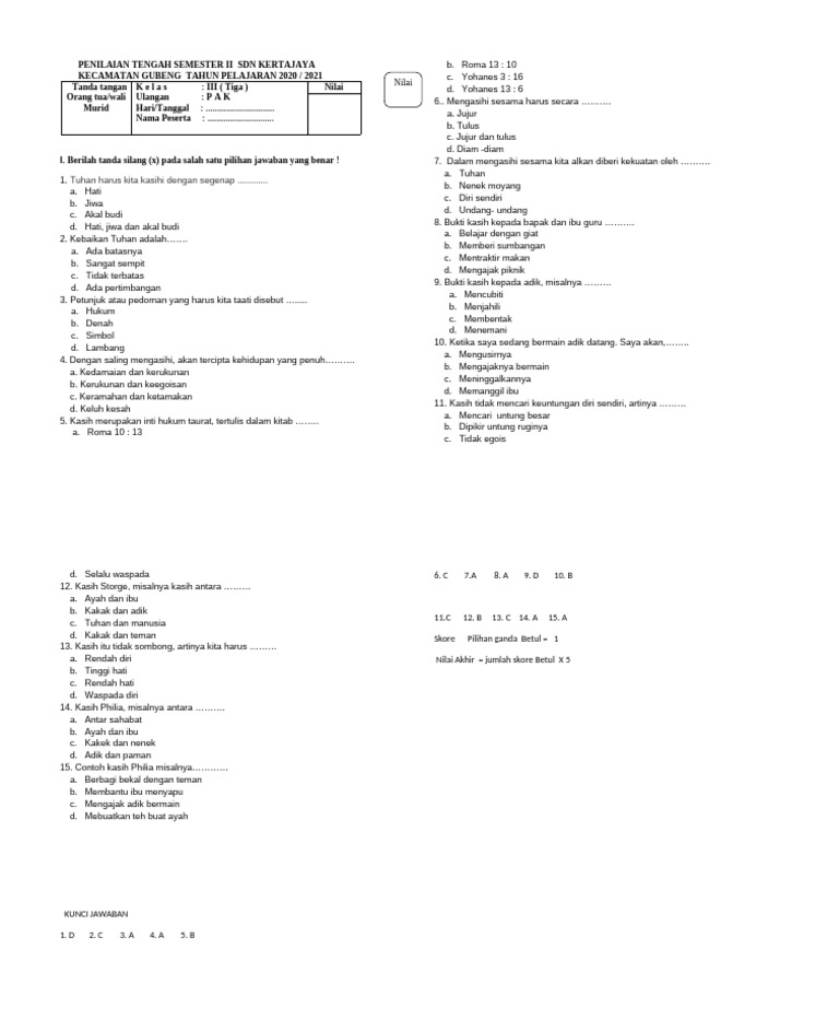 Soal PAK Kelas 3 SD Kertajaya | PDF