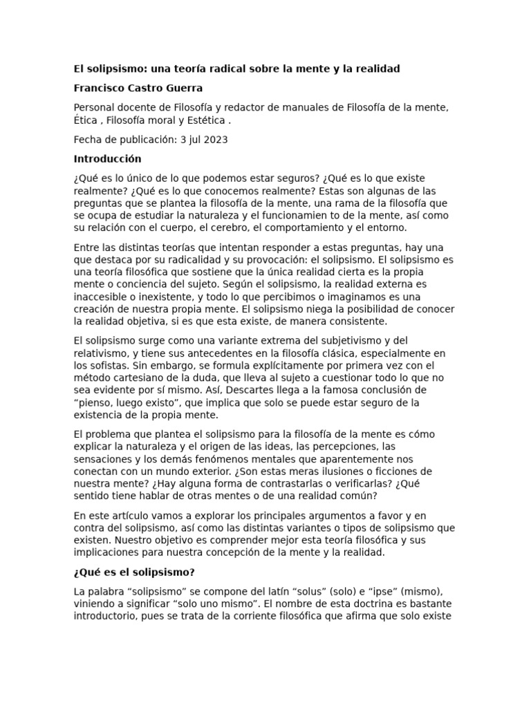 El solipsismo: mente y realidad | PDF | Mente | Realidad