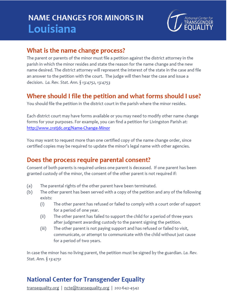 NCTE Minor Name Change Louisiana | PDF | Child Custody | Transgender