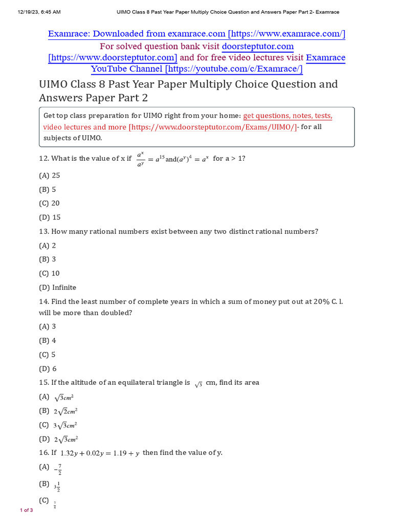UIMO Class 8 Past Year Question Paper Part 2 | PDF | Elementary Geometry | Euclidean Geometry