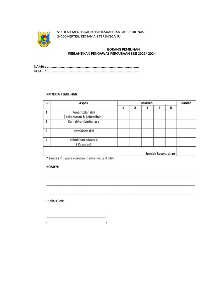 Borang Markah Temuduga Pengawas | PDF