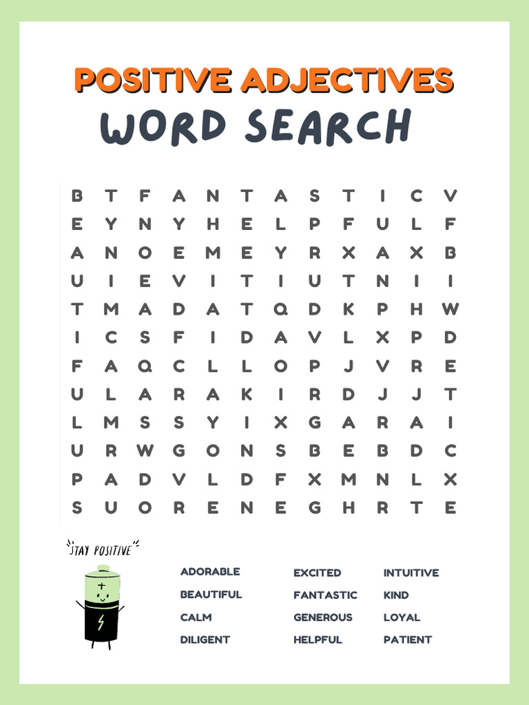Positive Adjective Word Search Activity Worksheet | PDF | Semantic ...