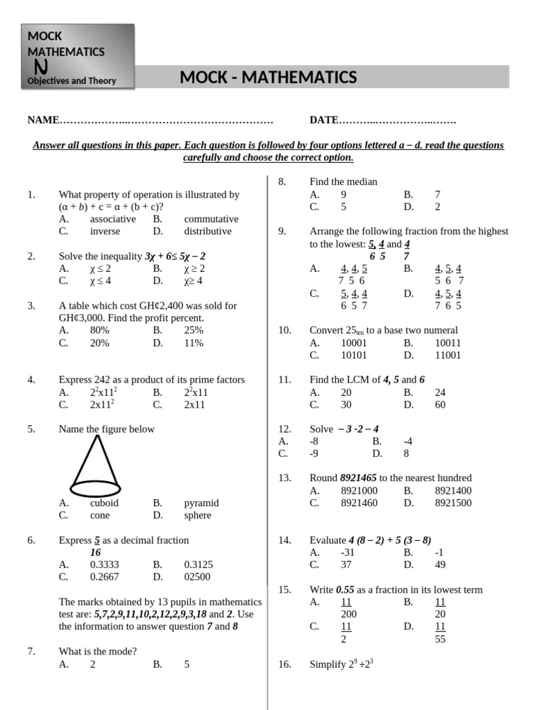 Mathematics Mock Sample 1 | PDF | Arithmetic | Elementary Mathematics