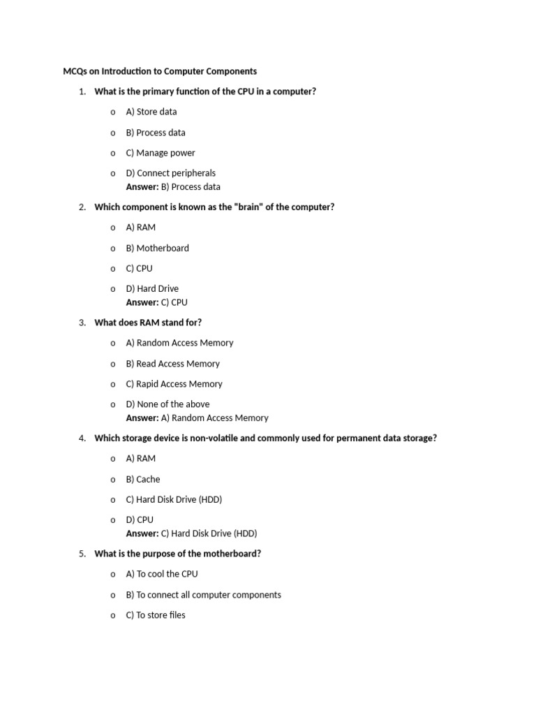 Mcqs On Introduction To Computer Components Pdf Computer Data Storage Random Access Memory