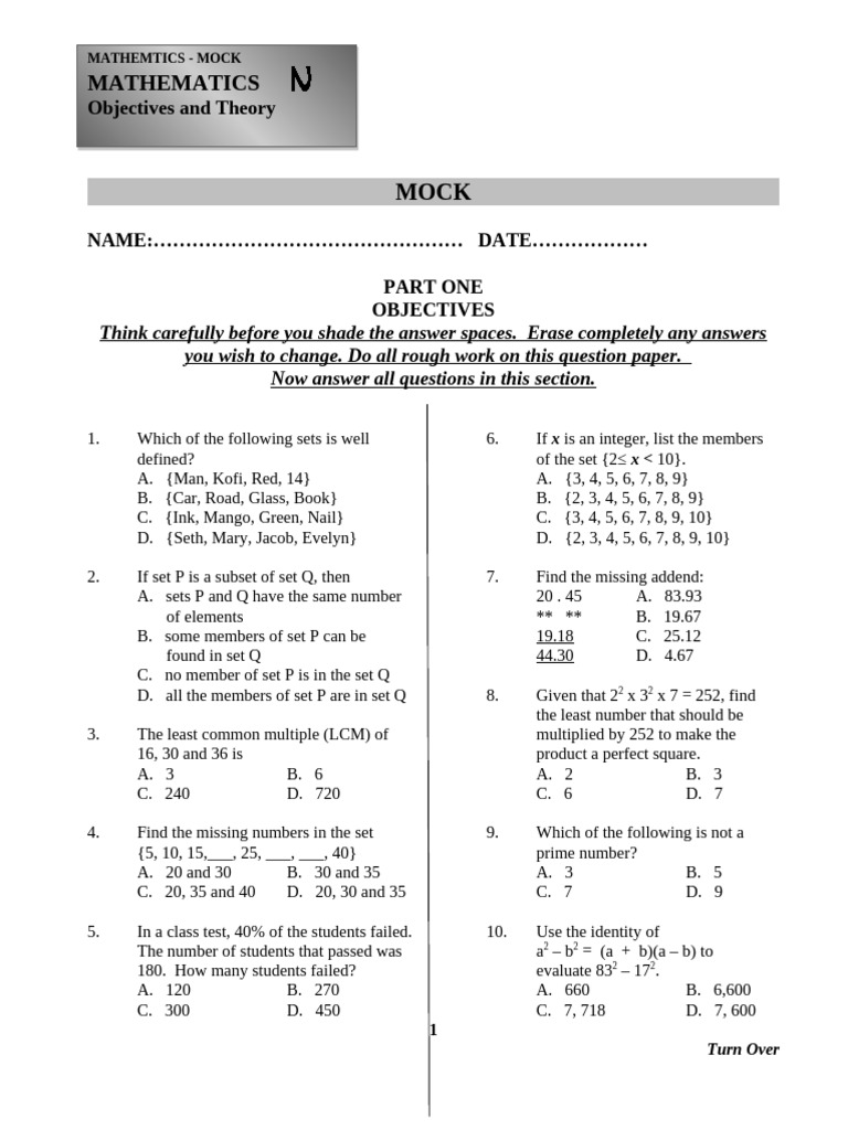 Mathematics Mock Sample | PDF | Mathematics | Science