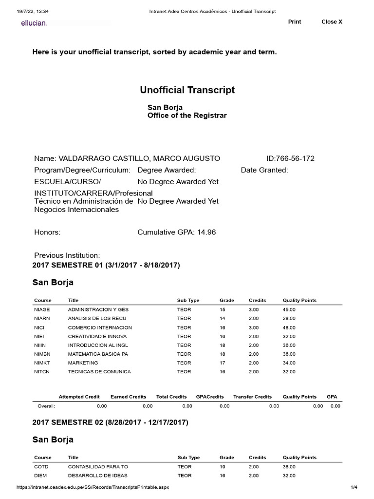 Intranet Adex Centros Académicos - Unofficial Transcript | PDF