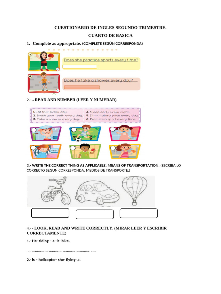 Cuestionario de Inglés para Cuarto Básico | PDF