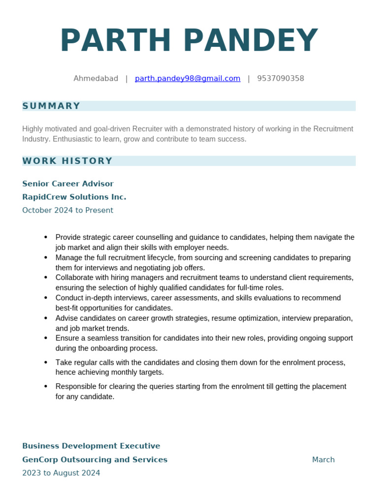 Parth Resume.2024 | PDF | Recruitment | Business