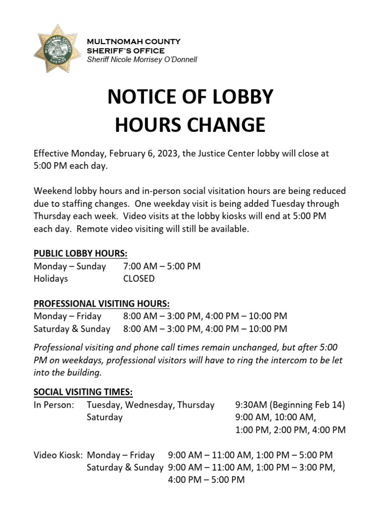 Multnomah County Jail Visiting Hours Update | PDF