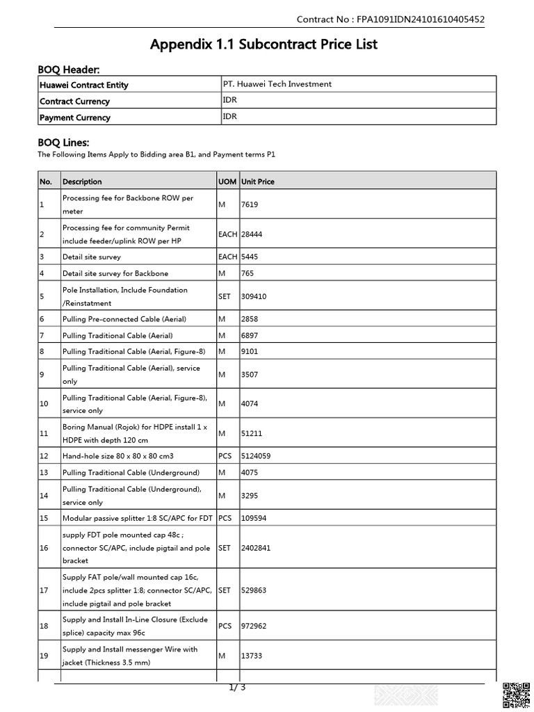 Appendix 1.1 Subcontract Price List | PDF | Manufactured Goods ...