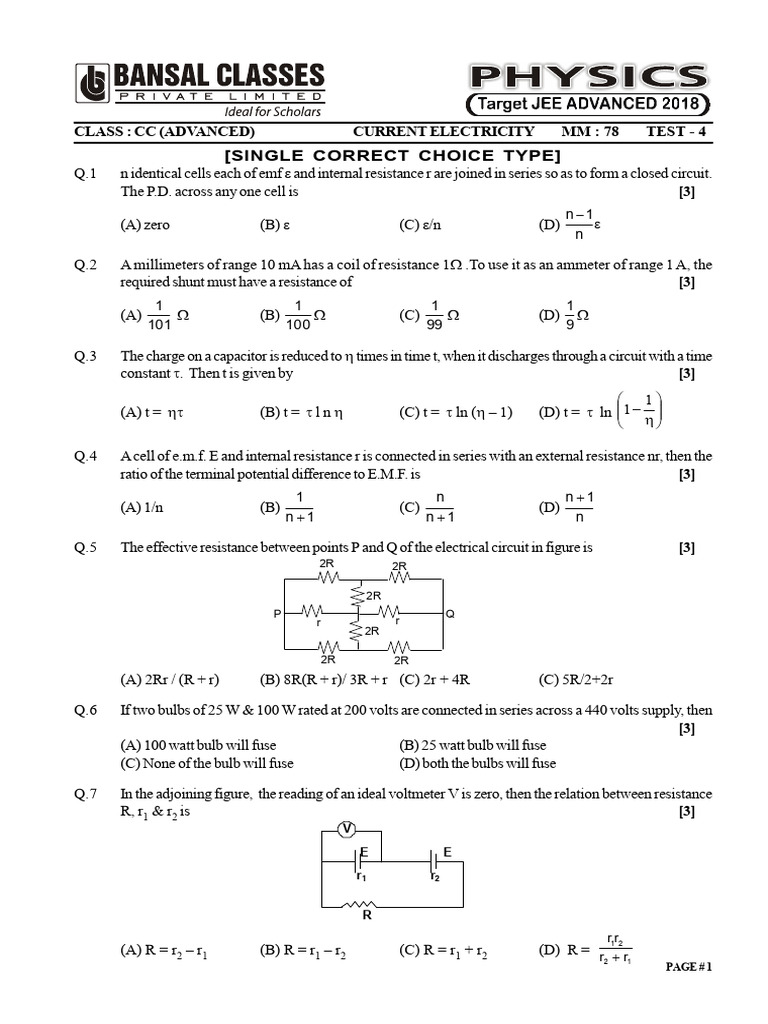 Advanced Current Electricity Test Questions | PDF | Voltage | Resistor