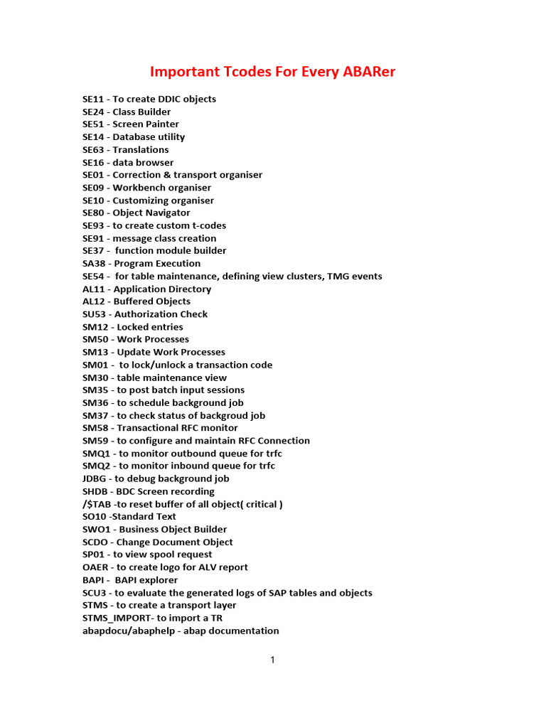 Sap Abap Imp T-Codes | PDF | Software Development | Information Technology