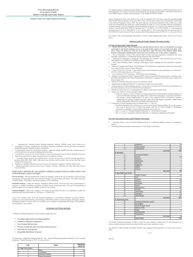 Initiatives Under The Family Planning Programme | PDF | Human ...