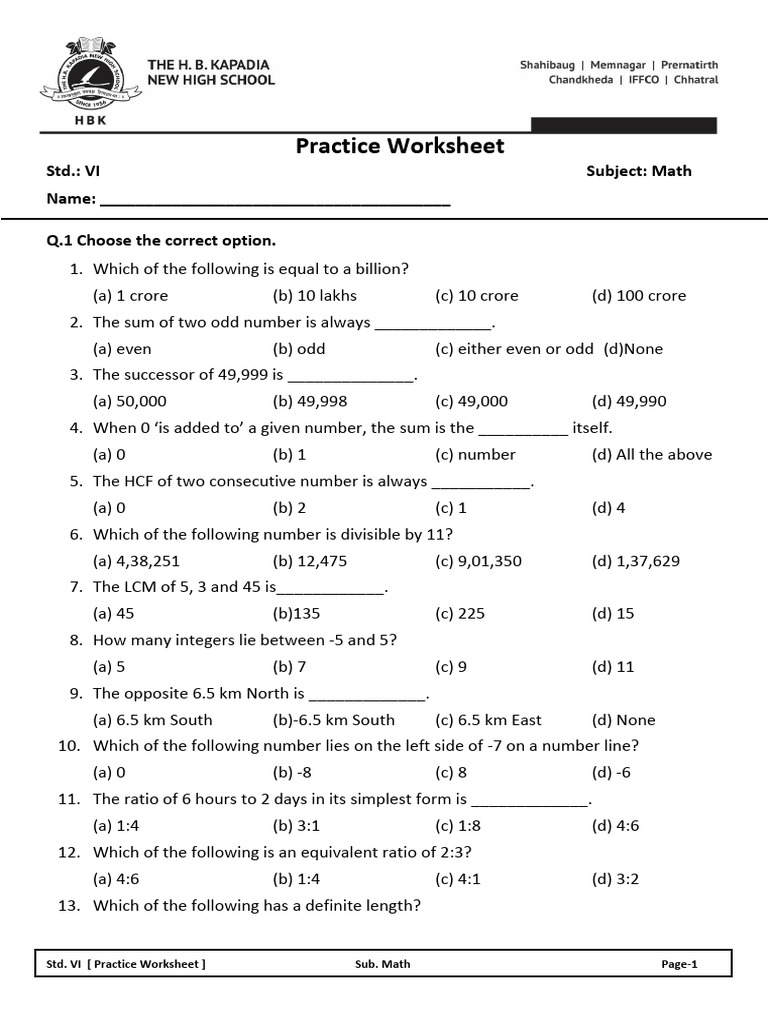 Std - 6 - Math - Practice Worksheet | PDF | Ratio | Mathematics