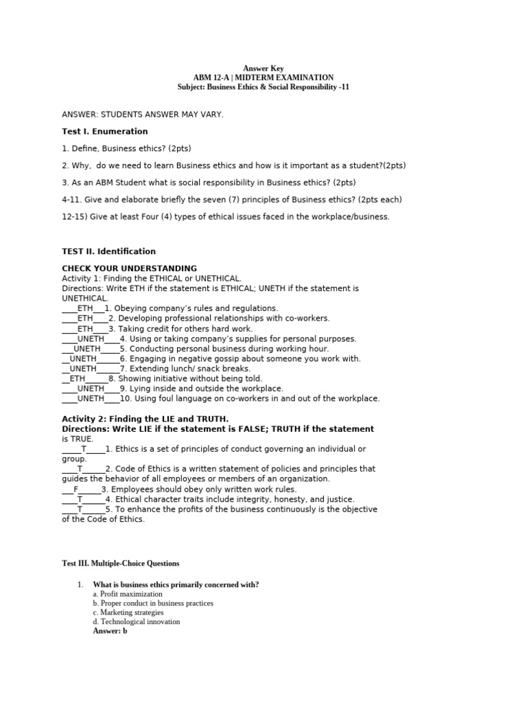 Business Ethics Midterm Exam Answer Key | PDF | Business Ethics | Corporate Social Responsibility